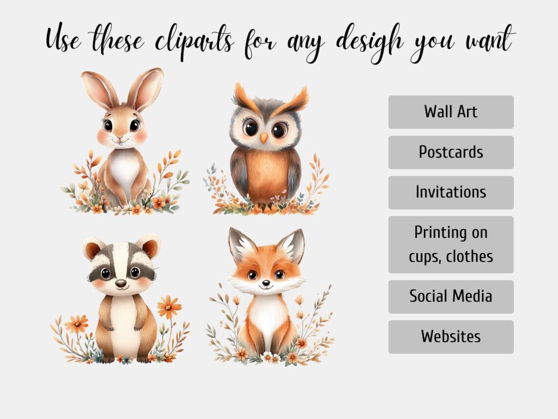 Woodland Animals Watercolor Clipart Set, Animals, Floral, Forest, Cute ...