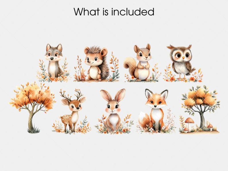 Woodland Animals Watercolor Clipart Set, Animals, Floral, Forest, Cute ...