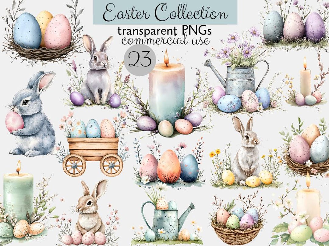 Watercolor Easter Clipart: Bunny & Eggs, Pastel Colors (PNG Digital ...