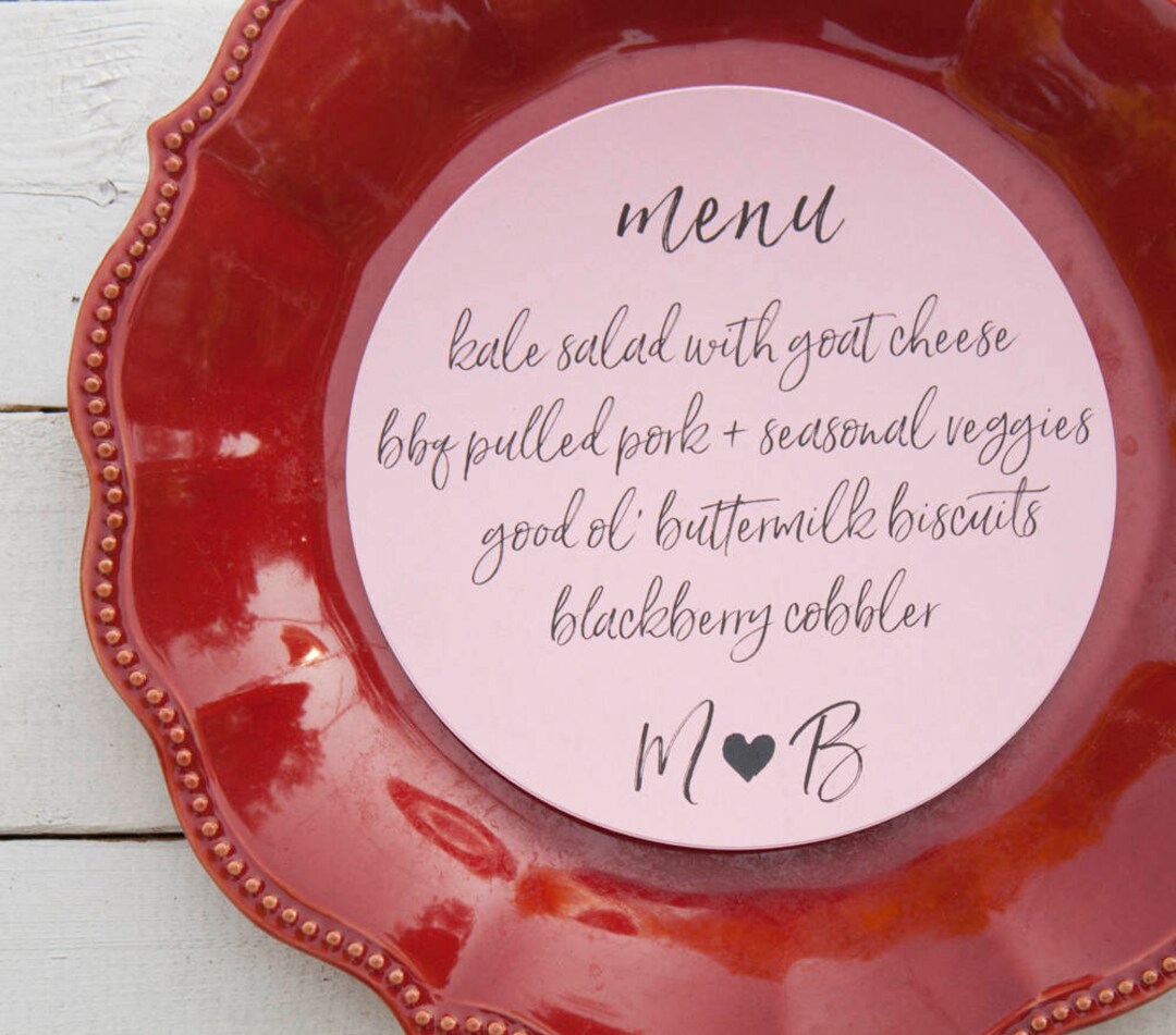 25 Light Pink Round Wedding Plate Menu Rustic Wedding Menu Custom ...