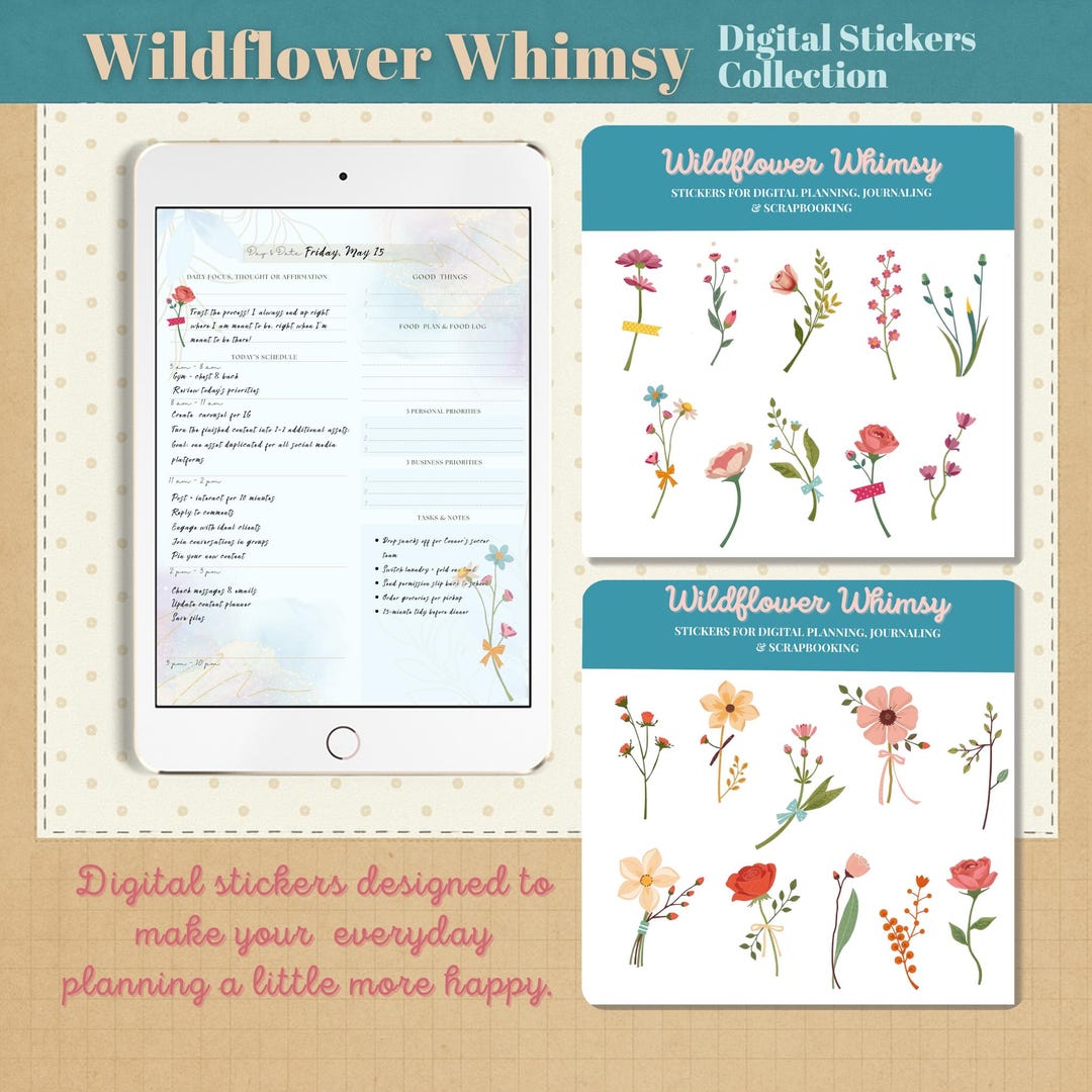 Wildflower Whimsy Digital Stickers | Planner Scrapbook Embellishments ...
