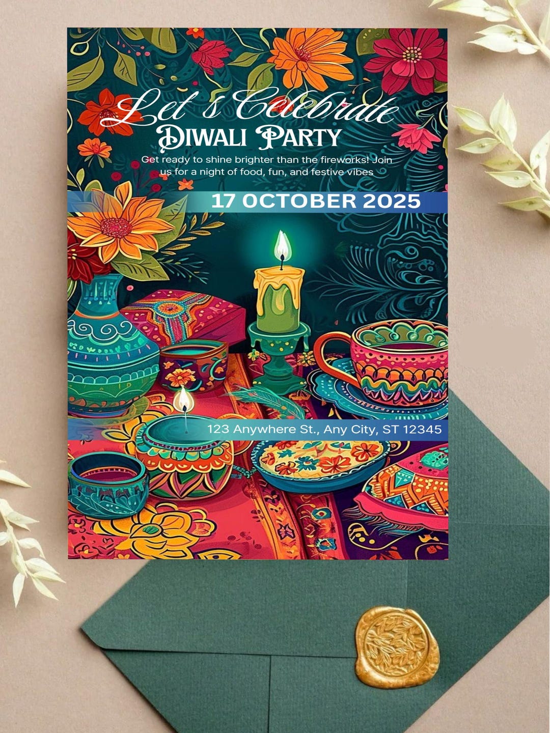 Diwali Party Invitation Template: Colorful Festival of Lights (digital ...