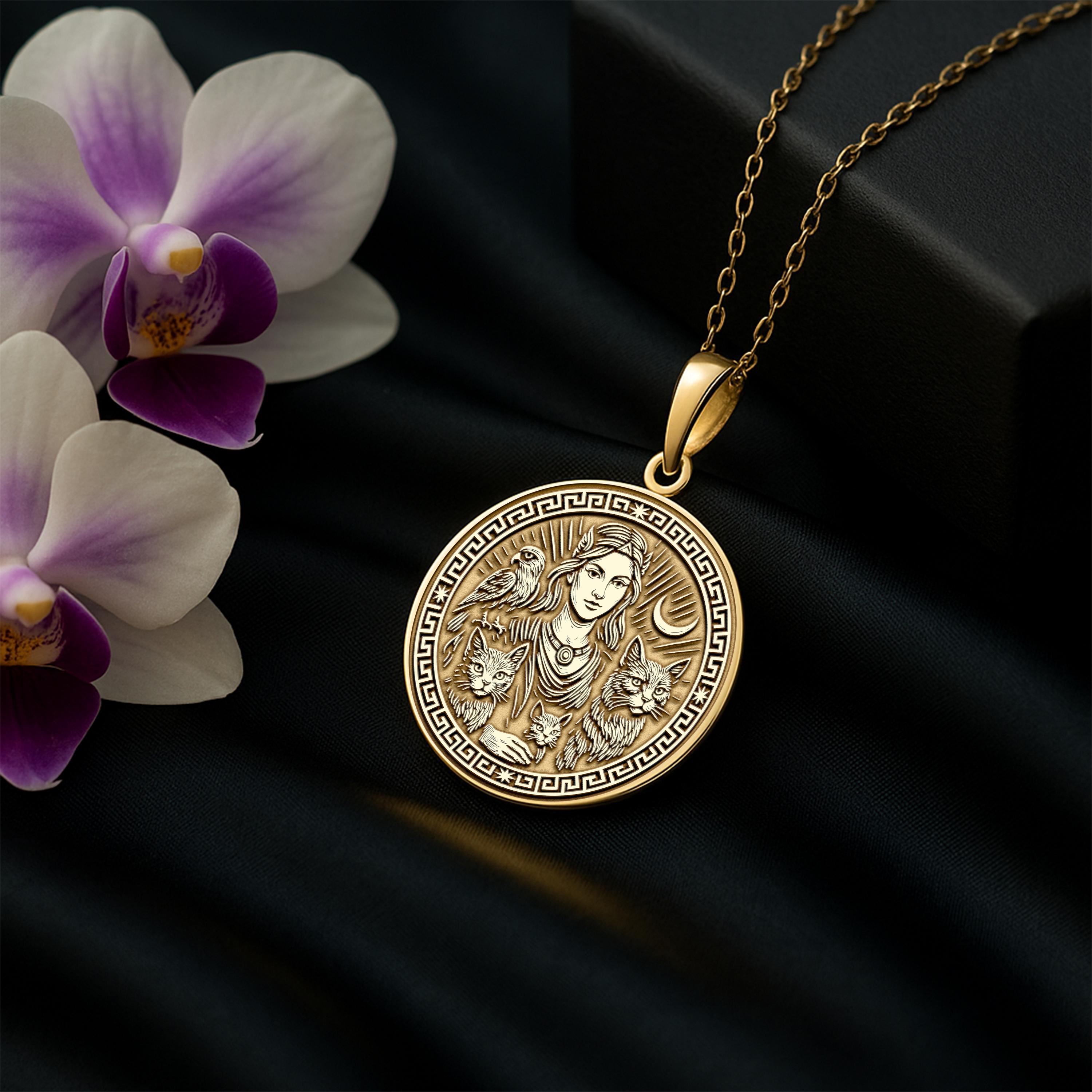 14K Gold Hecate Goddess Medallion Necklace: Ancient Greek Moon Amulet ...