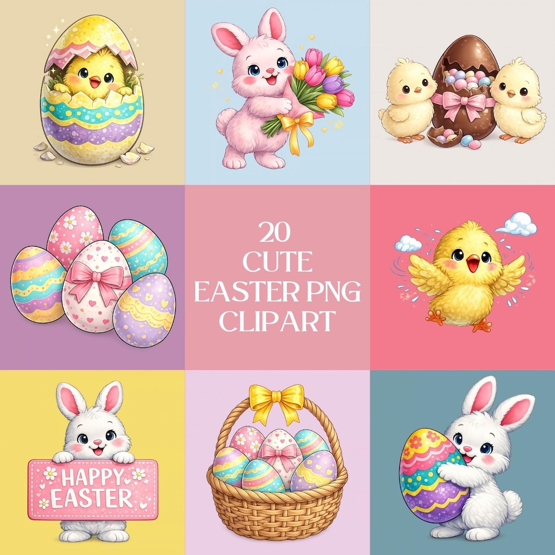 Cute Easter Clipart Bundle | 20 Bunny & Chick PNG | Spring Easter Eggs ...