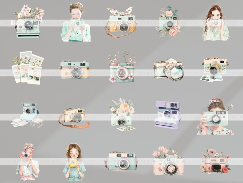 Watercolor Vintage Camera Clipart Set | 30 Retro Photography PNG Bundle ...