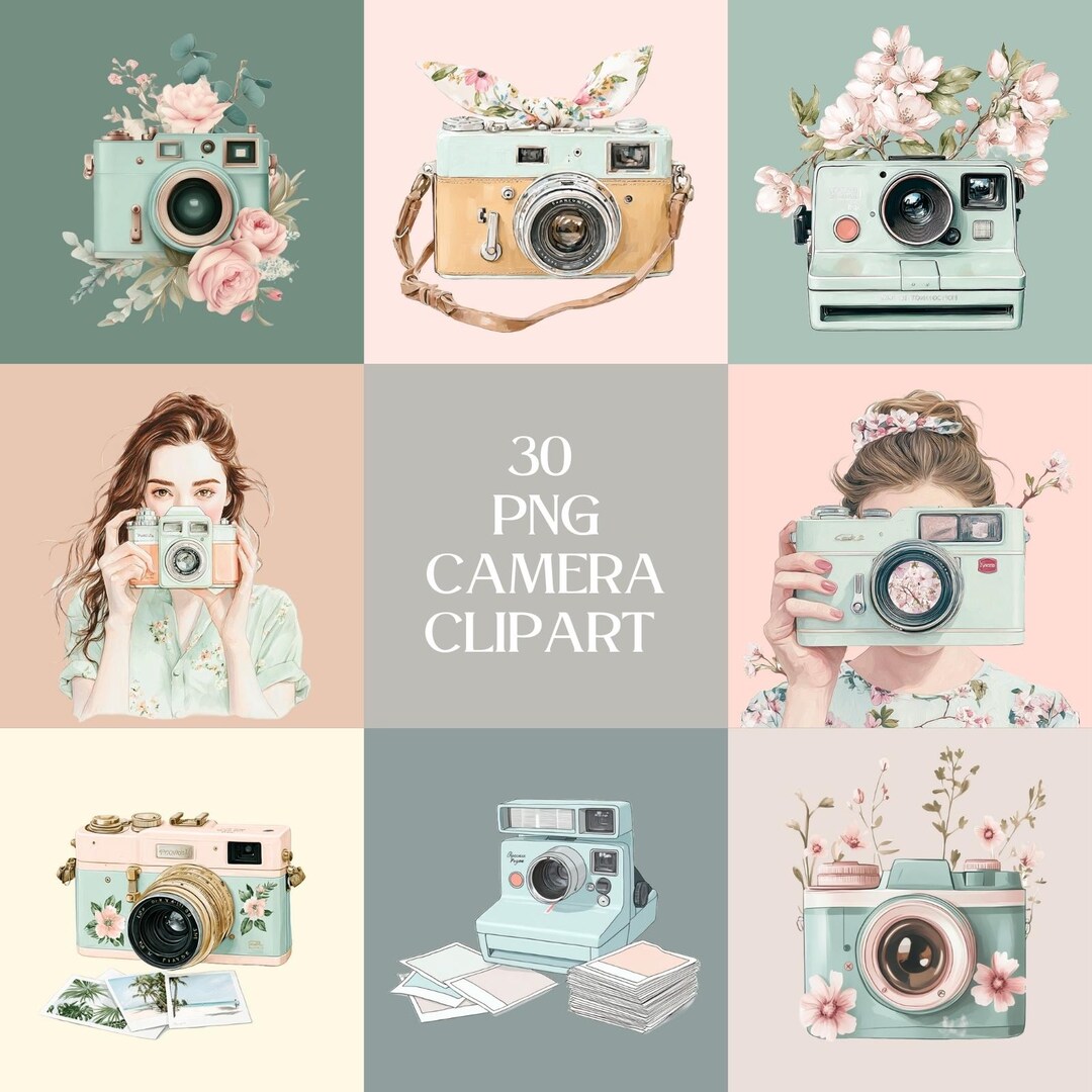 Watercolor Vintage Camera Clipart Set | 30 Retro Photography PNG Bundle ...