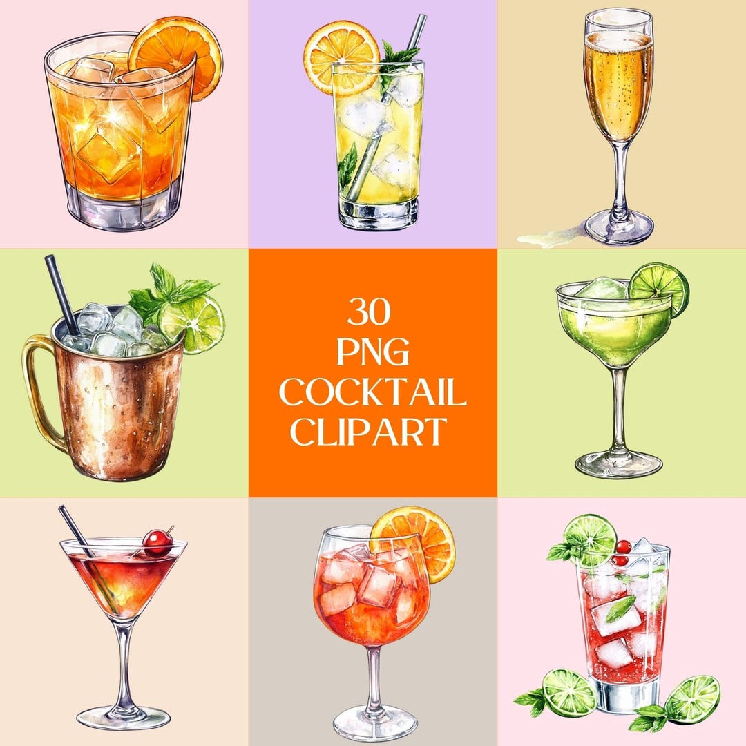 Watercolor Cocktail Clipart PNG | 30 Digital Bar Menu & Alcohol ...