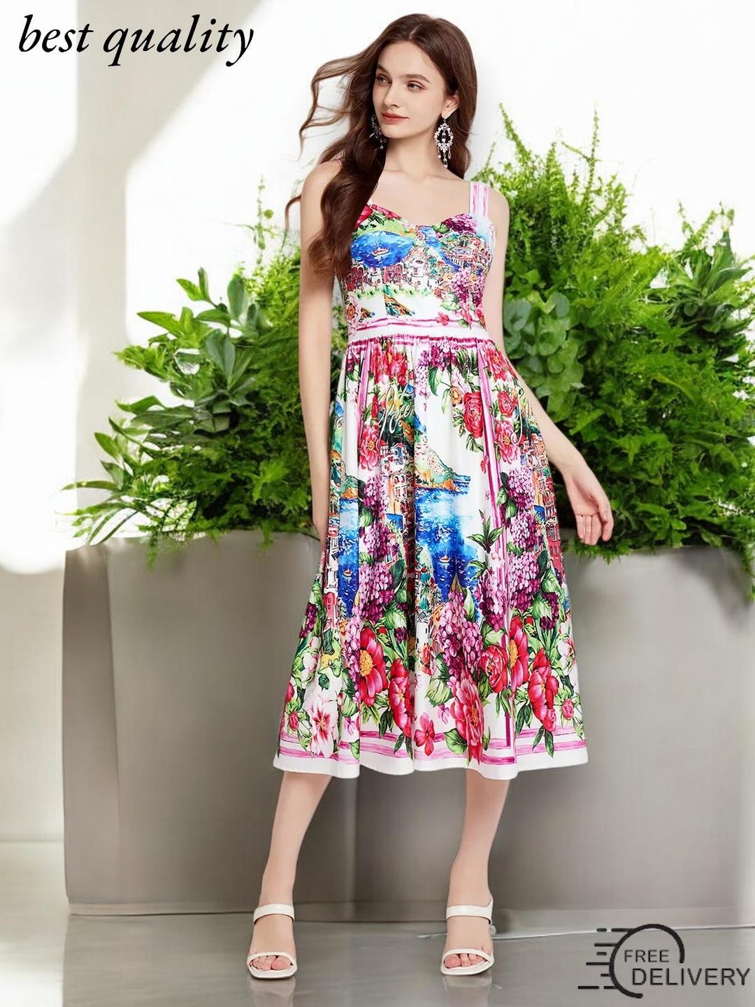 Handmade Italian Designer Positano Print Push-up Cotton Dress – Dolce ...