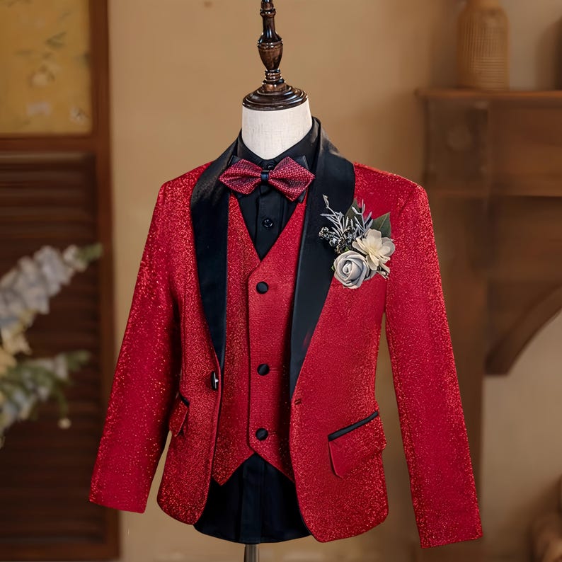 Sparkling Red Boys Suit With Flower Brooch Vest Bow Tie Children ...
