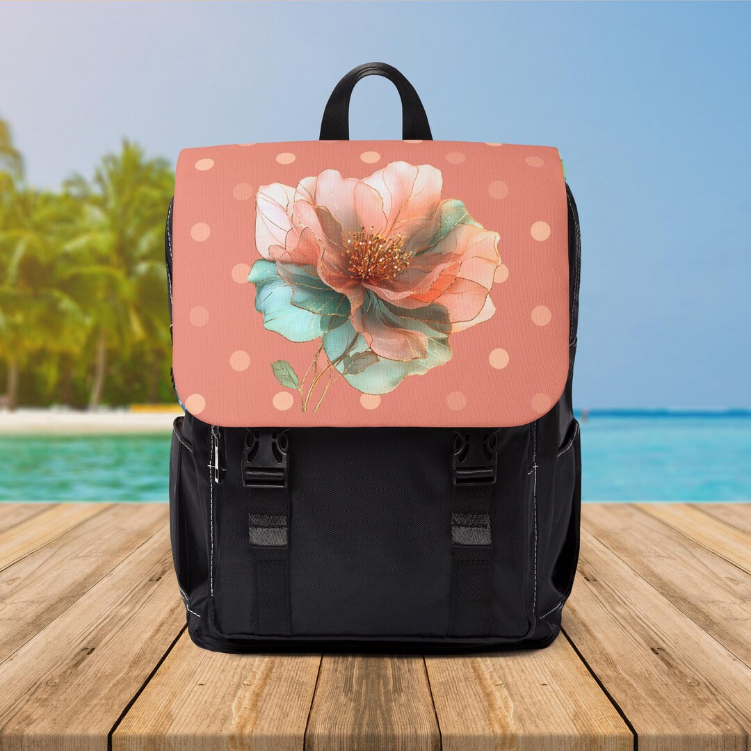 Retro Dots Floral Backpack, Pretty Bloom With Salmon Pink Dots, Ideal ...