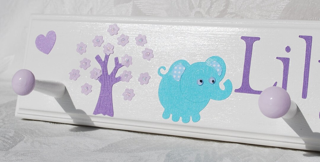 Girls White Coat Rack With Lavender and Teal . Elephant and Owls and ...