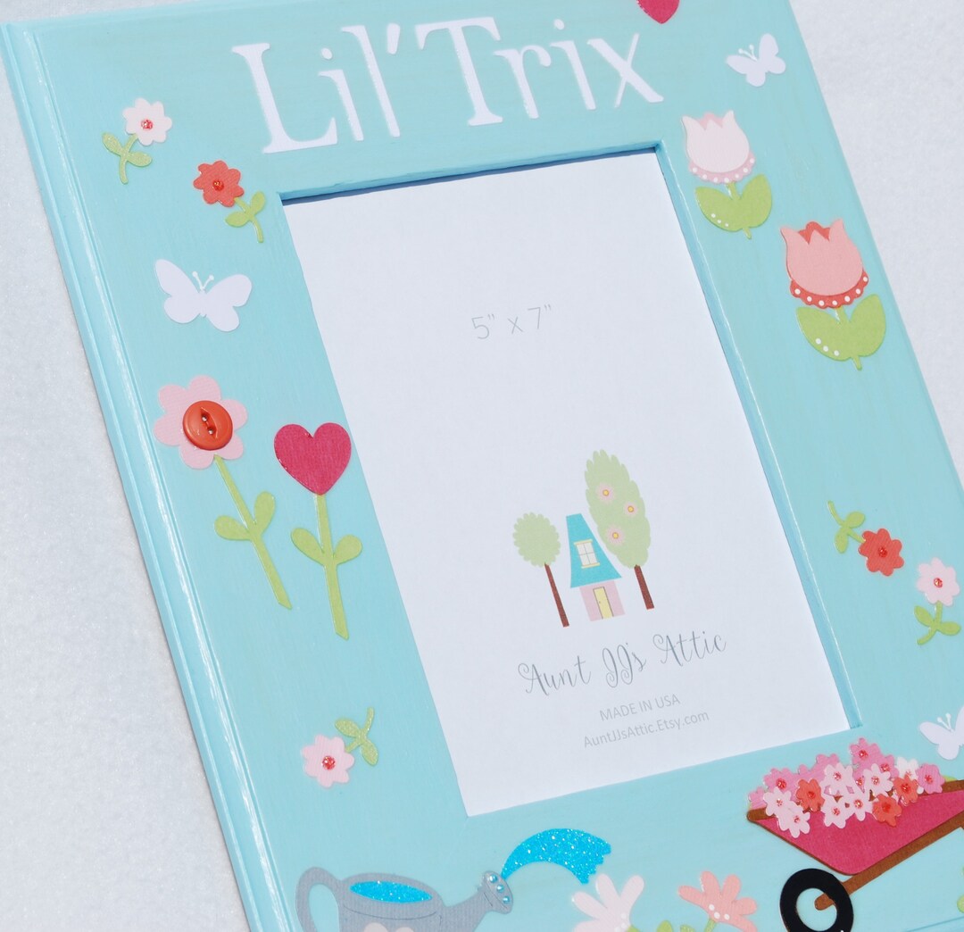 Adorable Wood Photo Frame for Girl With Flowers Butterflies Hearts ...