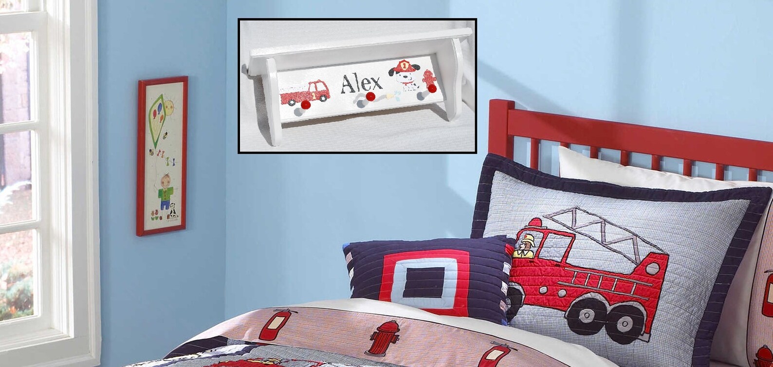 Fireman Shelf With Pegs . Personalized Coat Rack . Fire Truck - Etsy
