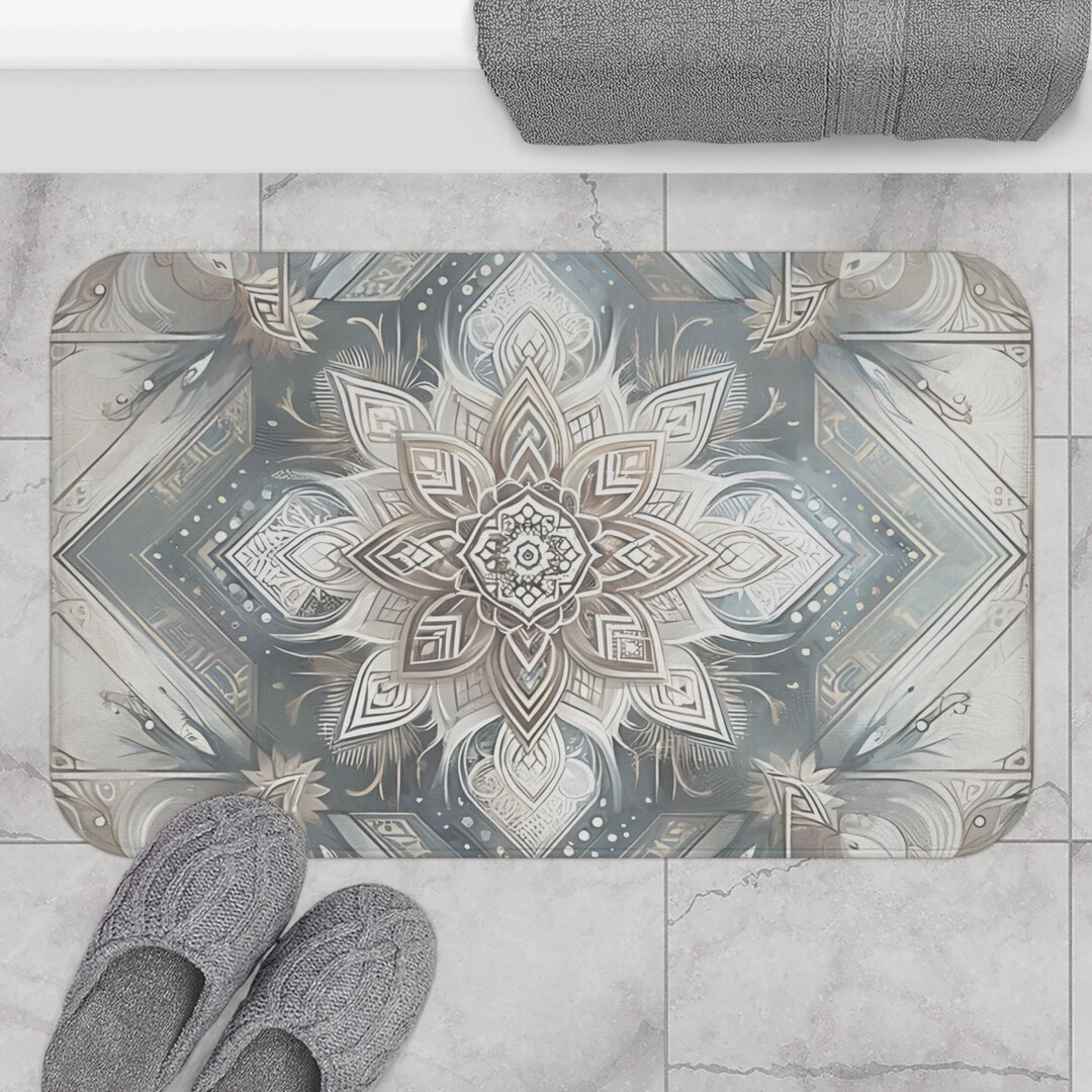 Boho Flower Geometric Bath Mat - Microfiber Bathroom Rug, Traditional ...