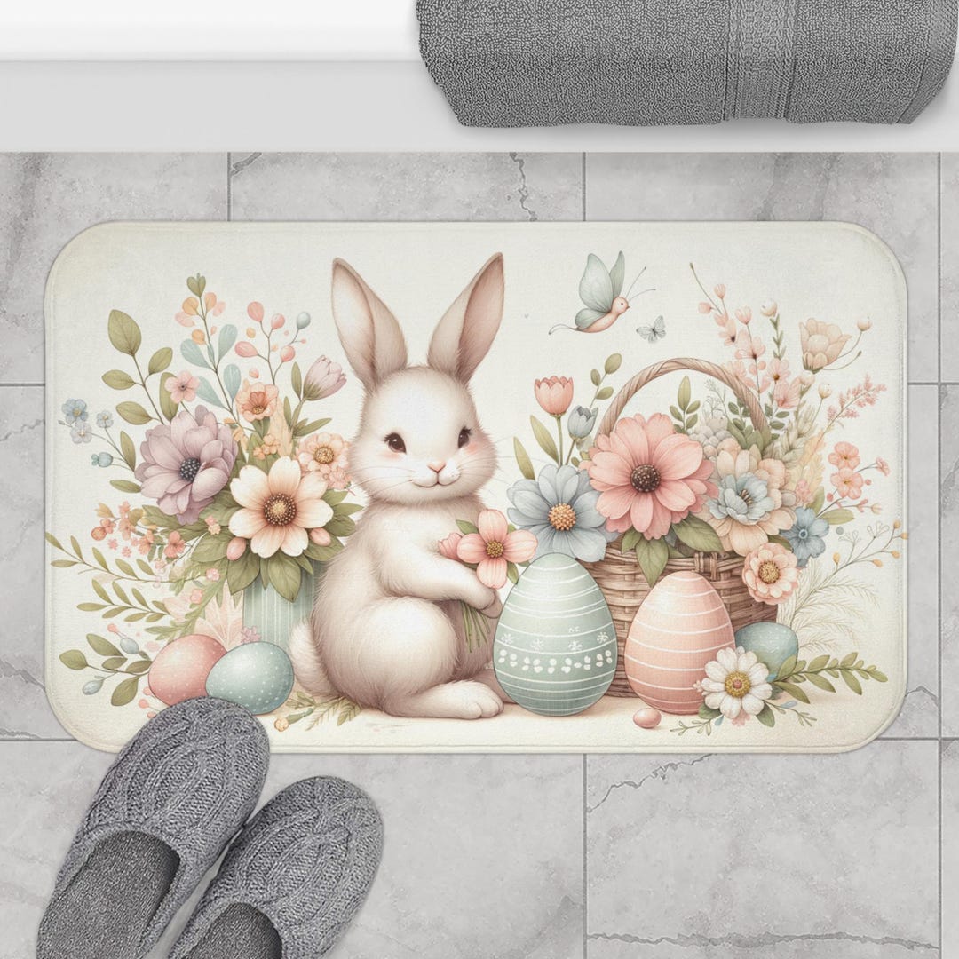 Bath Mat, Cute Bunny Easter Egg Decor, Bunny Bathroom Rug, Spring ...
