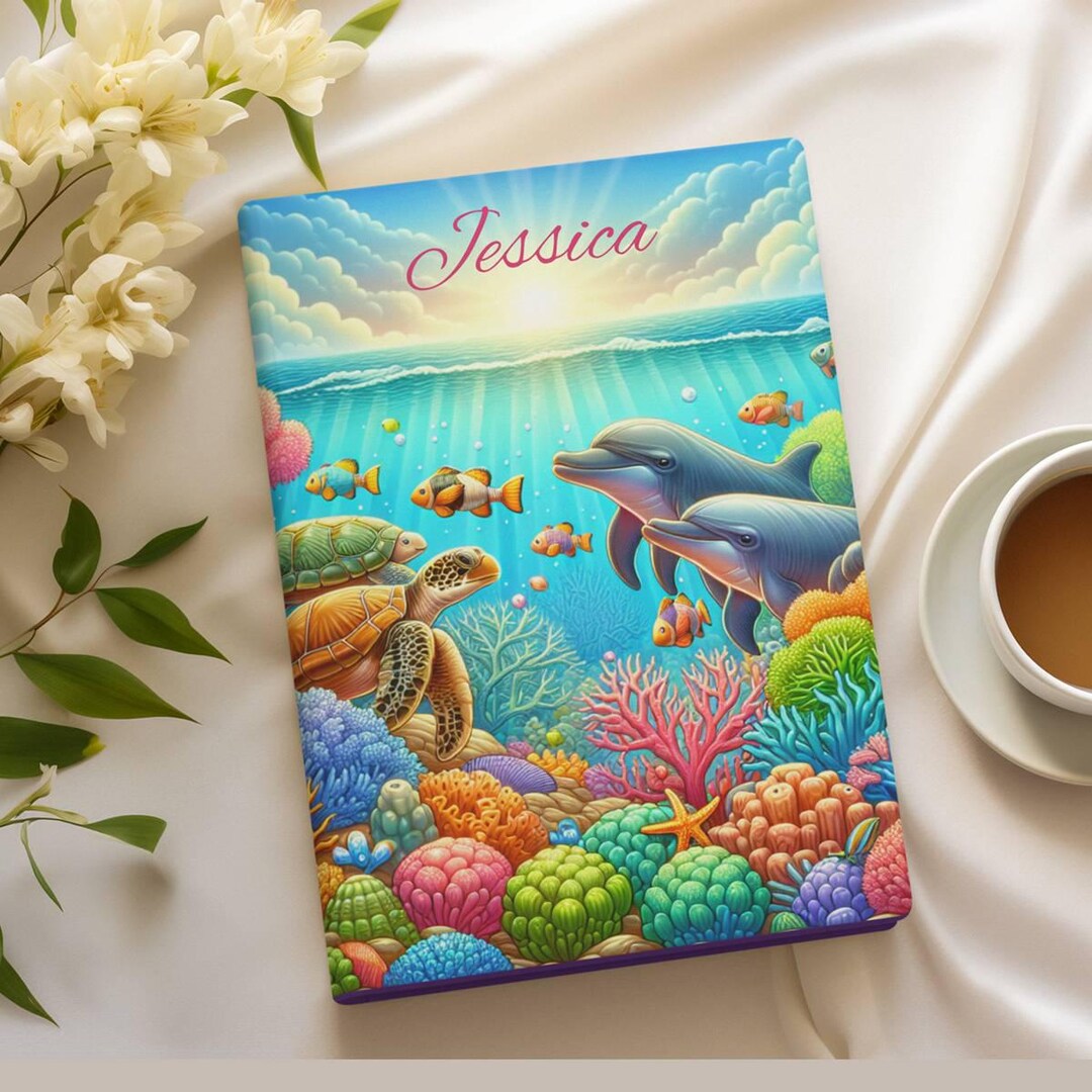 Personalized Coral Reef, Dolphins, Turtle Hardcover Journal, Vibrant ...