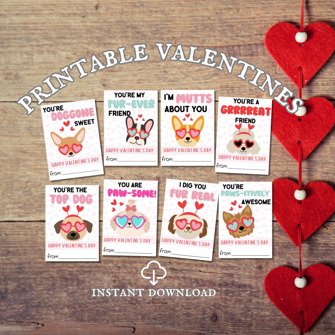 Cute Printable Dog Valentine's Day Cards, Kids Classroom Valentine ...