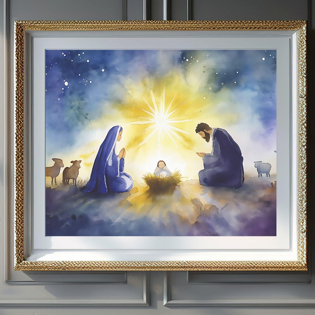 Christmas Wall Art, Watercolor Christmas Nativity Digital Art Instant ...