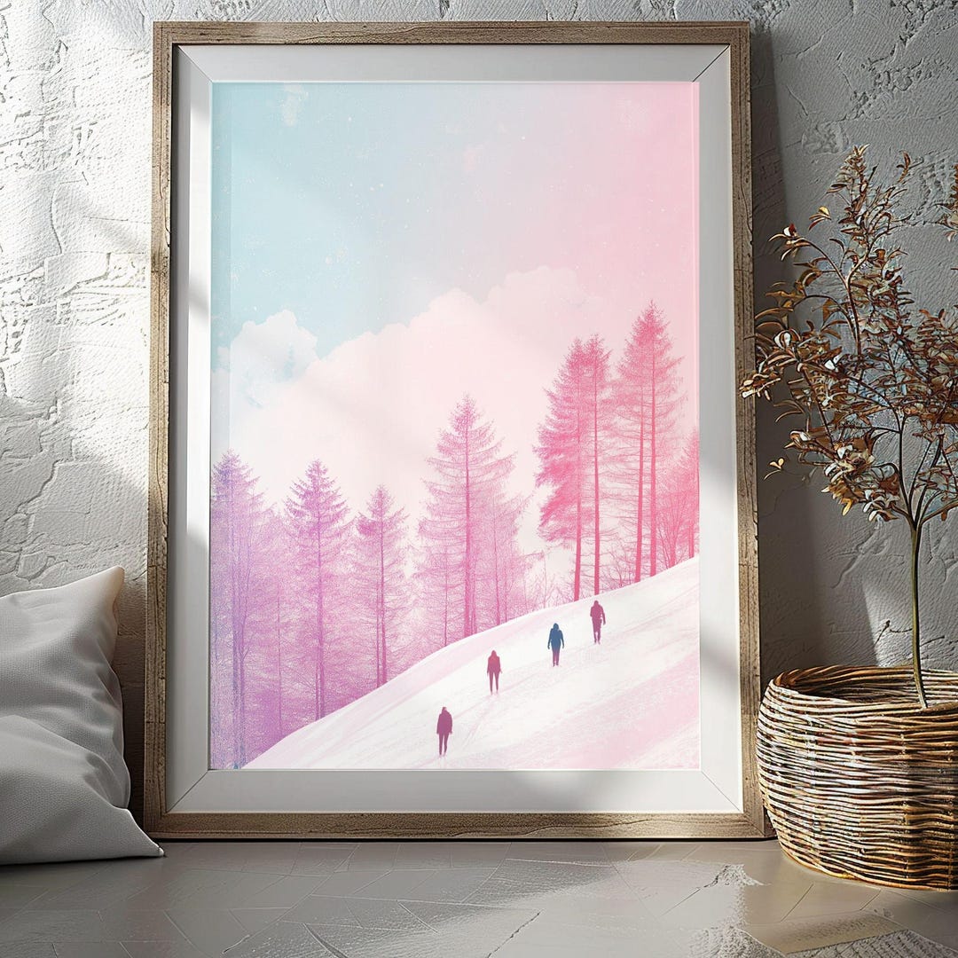 Winter Wall Art, Minimalistic Pink Winter Scene Digital Wall Art ...