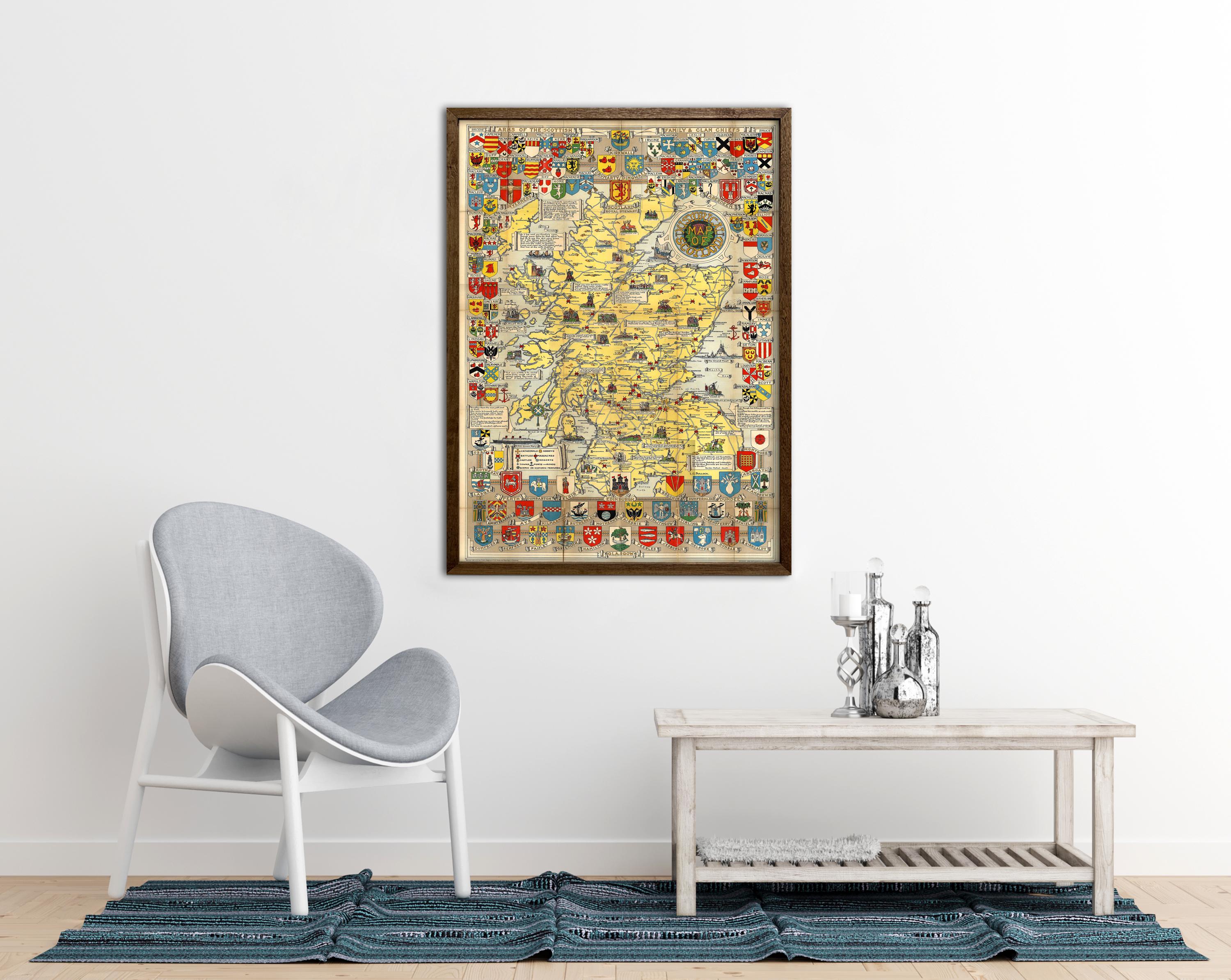 Vintage Scotland Map, Clans of Scotland, Coats of Arms, Historic ...