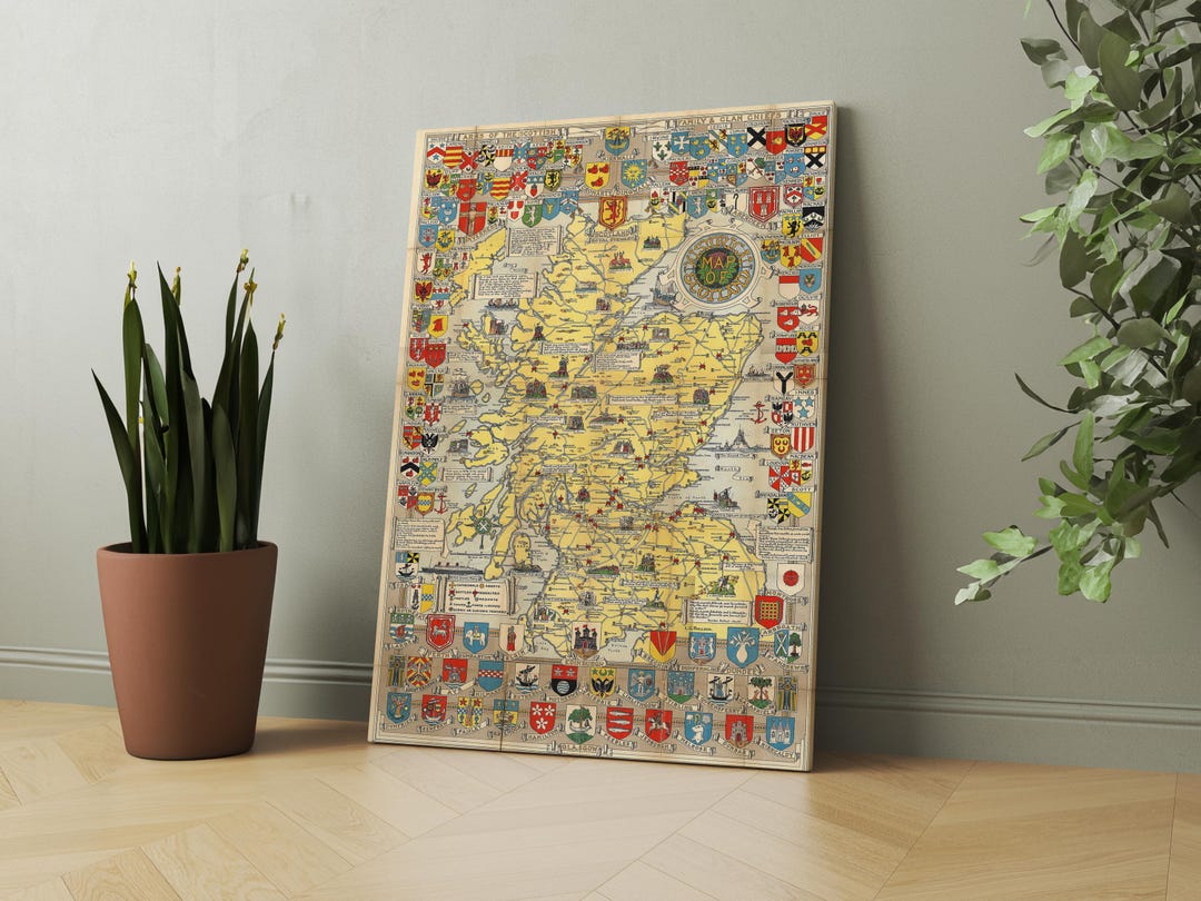 Vintage Scotland Map, Clans of Scotland, Coats of Arms, Historic ...