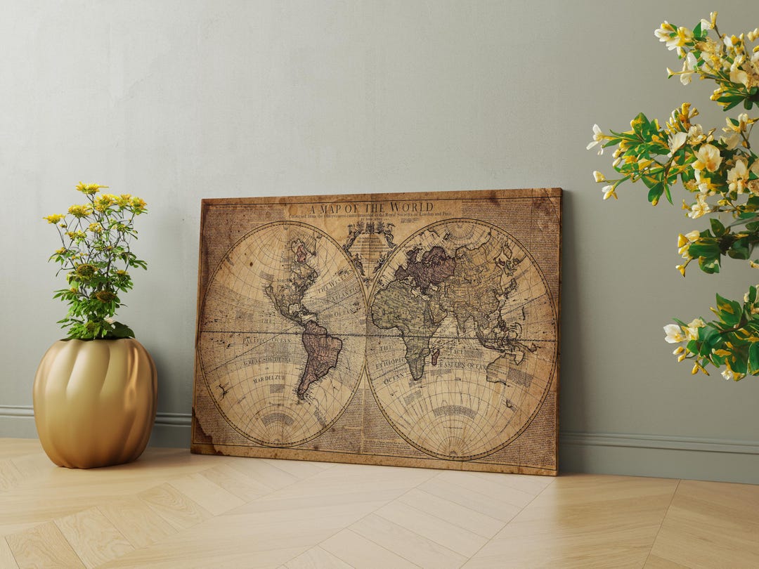 Framed Vintage World Map, Vintage World Map Canvas Art, Old World Map ...