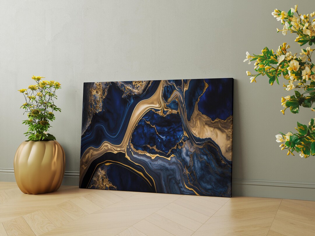 Navy Blue Canvas Golden Textured Art Blue Gold Canvas Wall Art Print ...