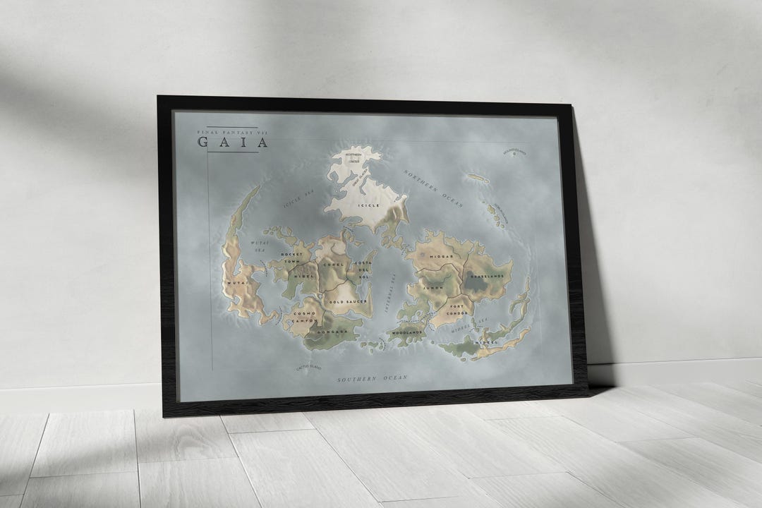 Framed Fantasy Game World Map, Map of Gaia From Final Fantasy VII ...