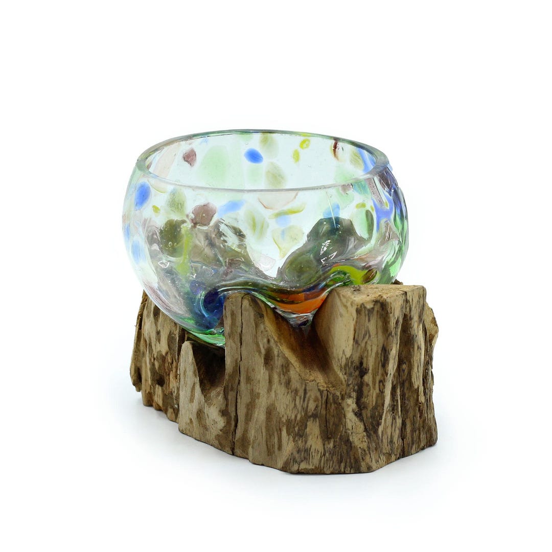 Molten Coloured Glass Bowl on Gamal Wood Base Small / Medium Bowl ...