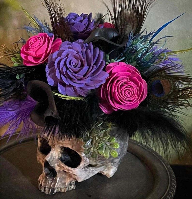 Gothic Wood Flower Skull Centerpiece, Goth Red Moody Plum Purple and ...