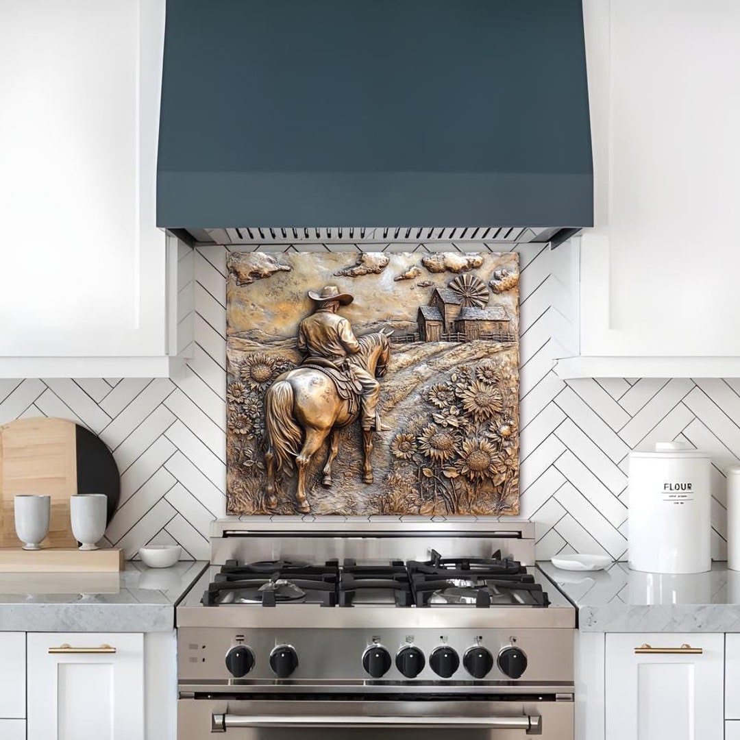 Backsplash for Kitchen, Stove Backsplash, Tempered Glass Western Themed ...