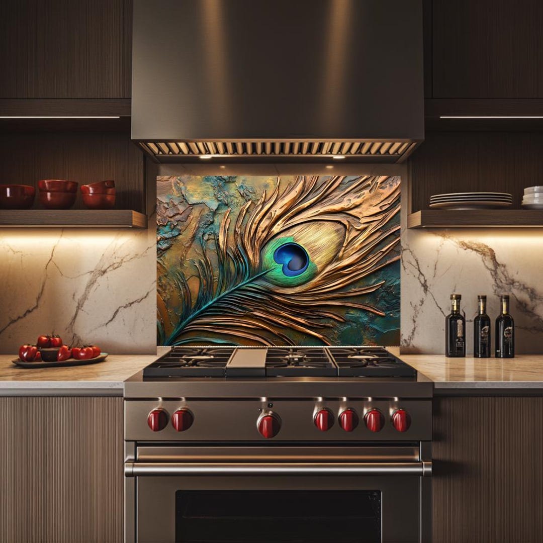 Tempered Glass Peacock Feather Backsplash: Copper Look Kitchen ...