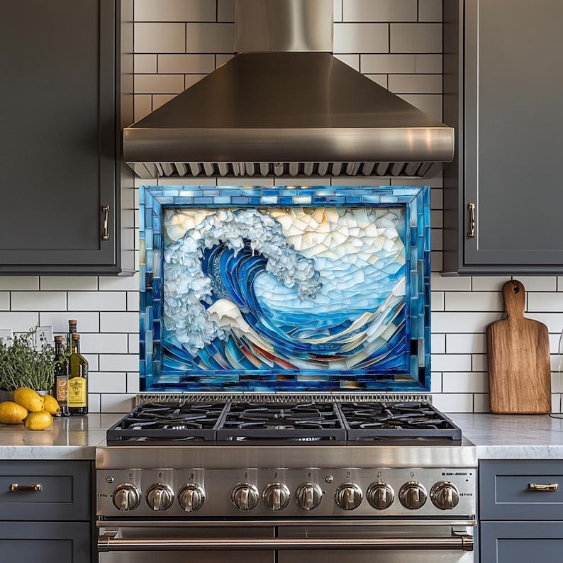 Ocean Wave Glass Backsplash Splashback for Kitchen Stove Behind and ...