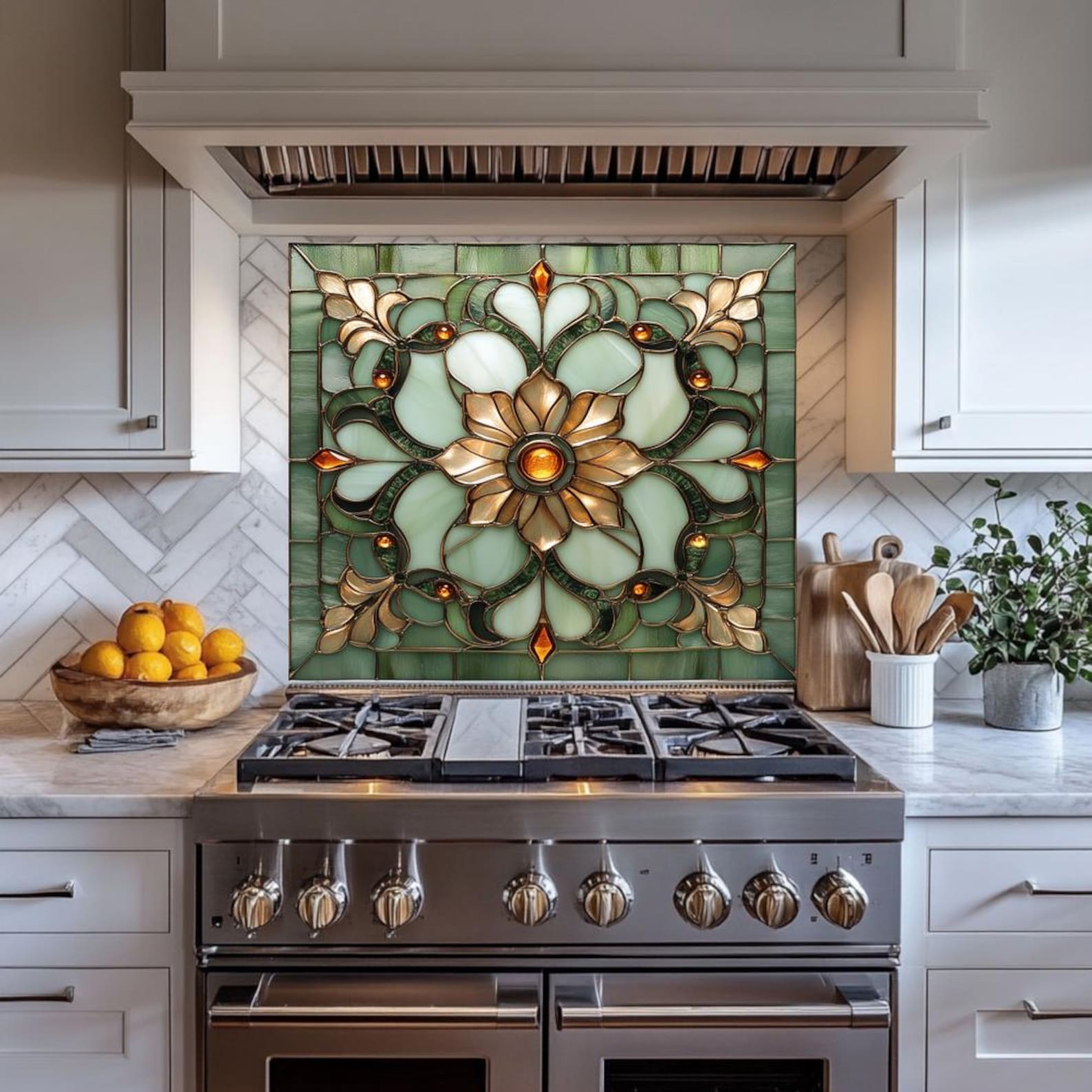 Stained Glass Look Tempered Glass Kitchen Backsplash Panel, Colorful ...