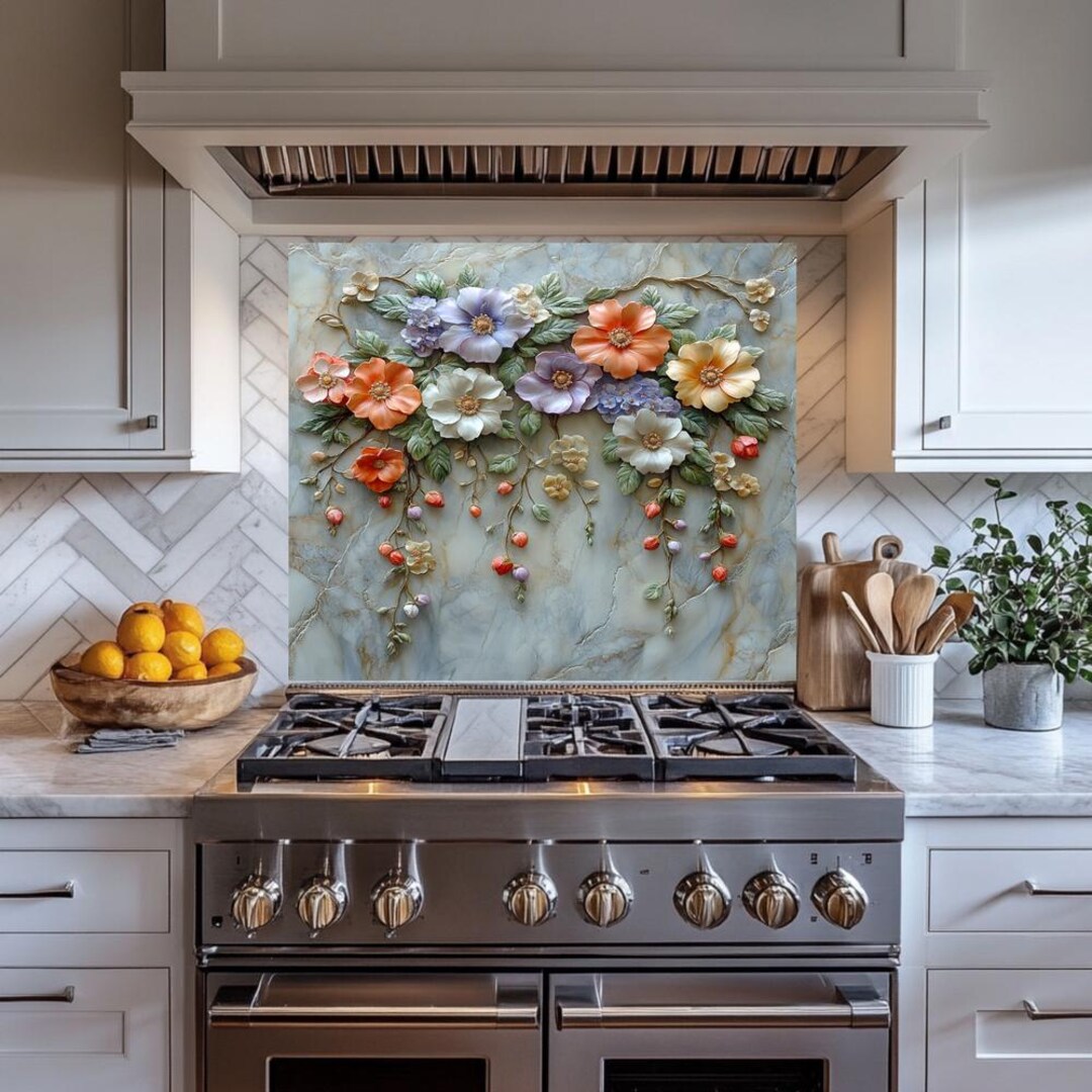 Floral Glass Kitchen Backsplash: Botanical Tile-inspired Wall Art - Etsy