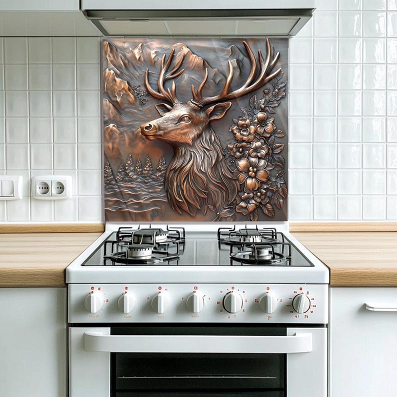 Stove Backsplash, Tempered Glass Deer Themed Backsplash and Wall Art ...