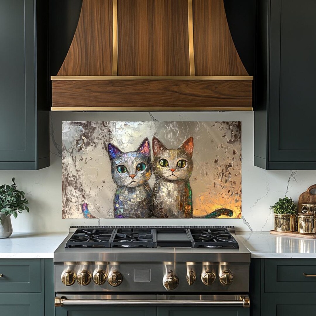 Silver Cat Backsplash Panel, Elegant Metallic Kitchen Wall Art ...