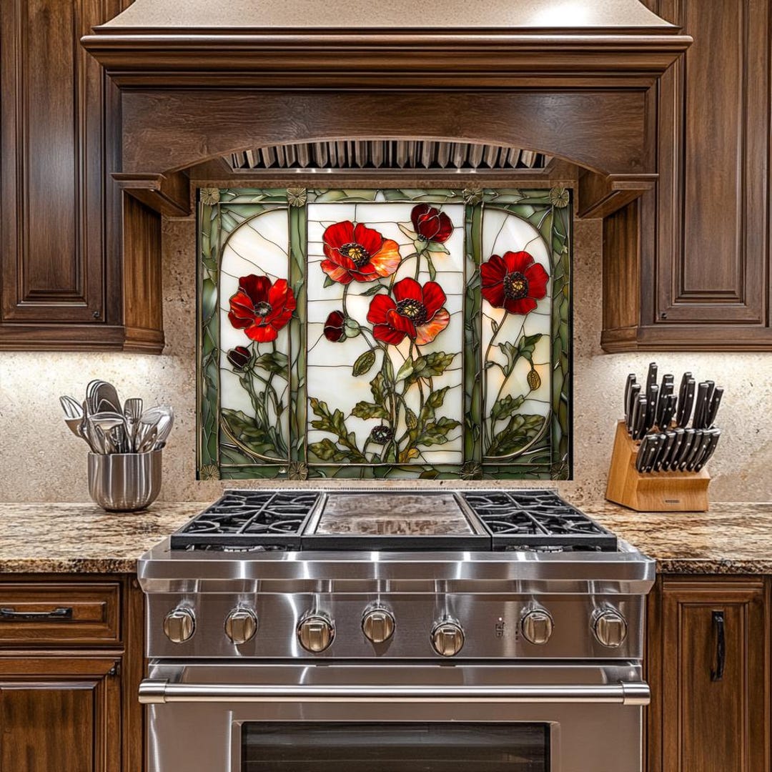 Stained Glass Look Poppy Flowers Tempered Glass Kitchen Backsplash ...
