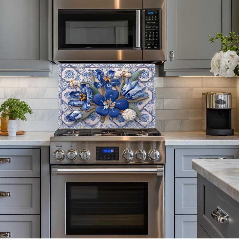 Floral Delft Blue Glass Backsplash Panel, Dutch Tile Style Kitchen Wall ...
