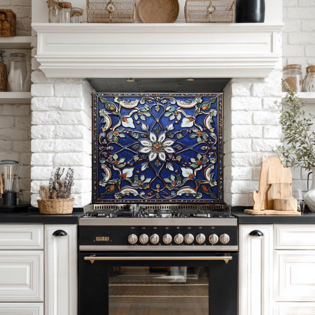 Navy Blue Ottoman Tile Glass Backsplash, Printed Tempered Glass Kitchen ...