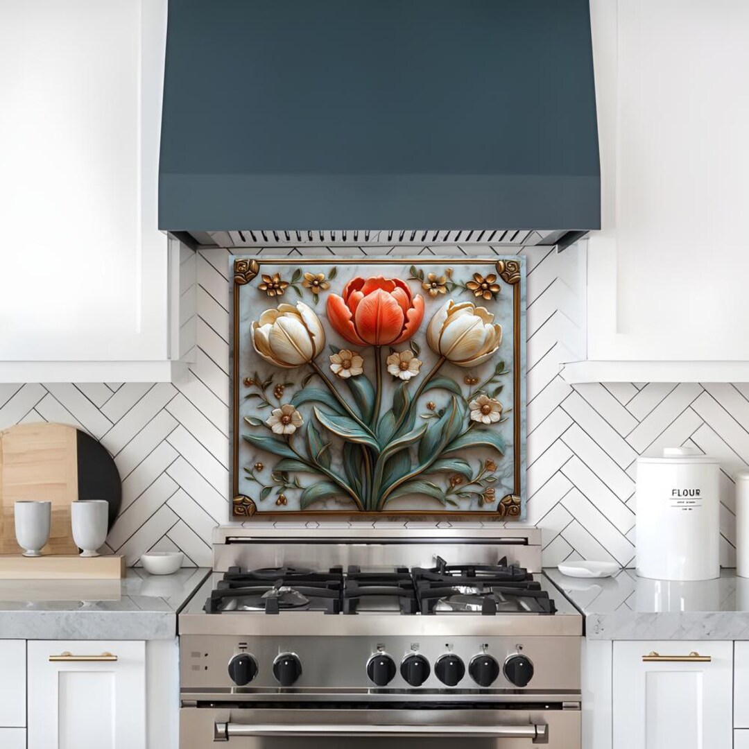 3D Embossed Tulip Glass Backsplash Splashback, Raised Floral Design Wall Art, Elegant Botanical ...