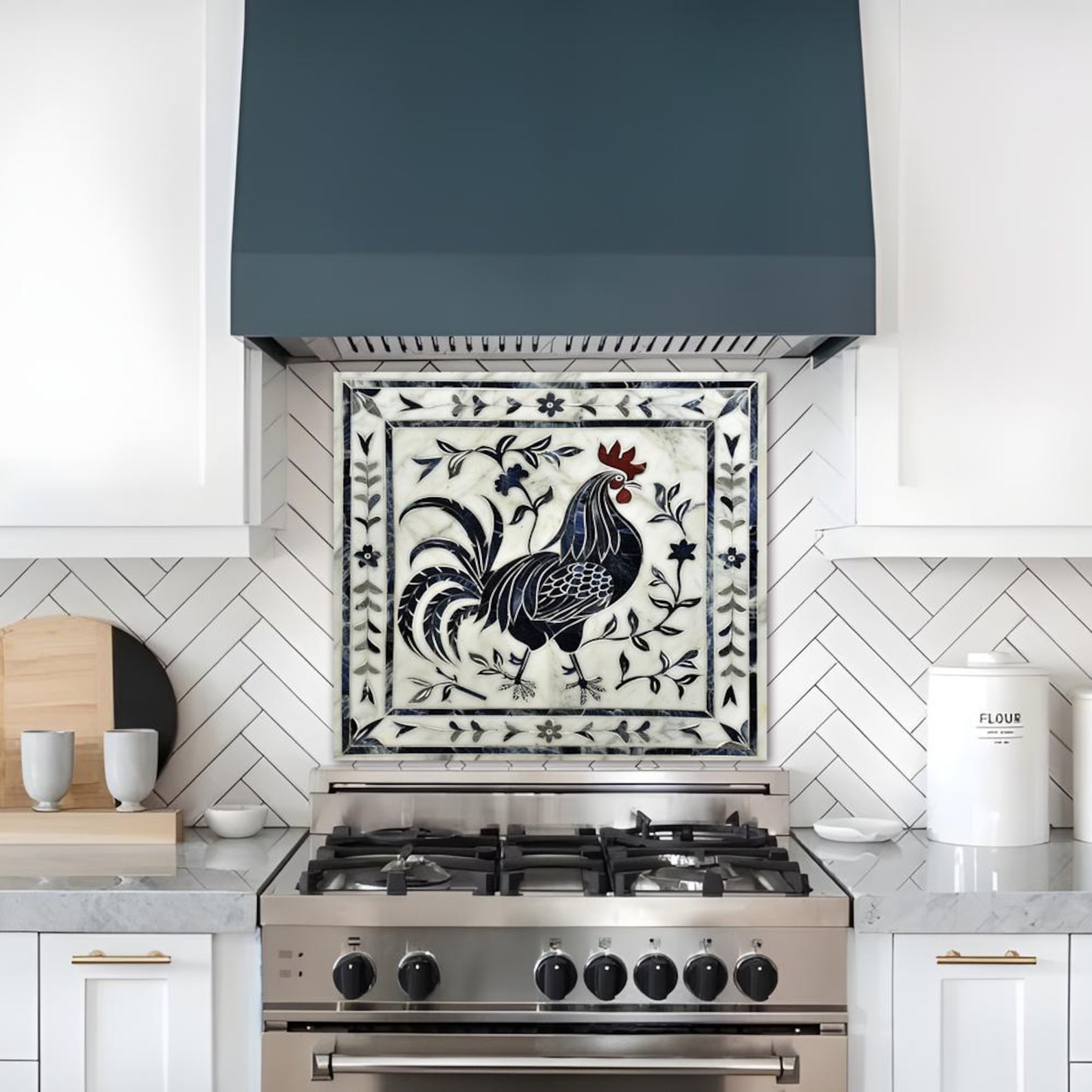 Rustic Rooster Kitchen Marble Look Backsplash Splashback, Farmhouse ...