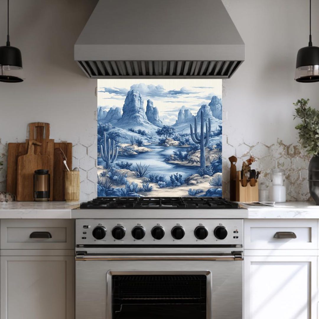 Delft Blue Tile Look Glass Backsplash: Hand-painted Ceramic Style ...
