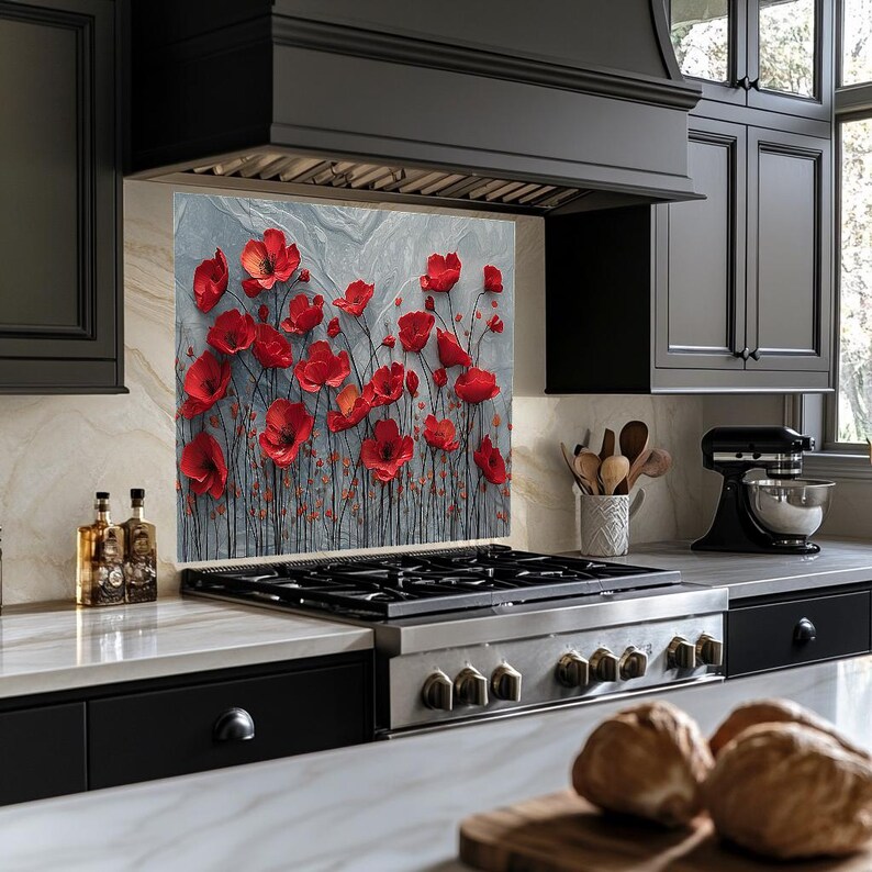 Modern Poppy Flowers Glass Backsplash – Red Floral Tempered Glass Panel ...