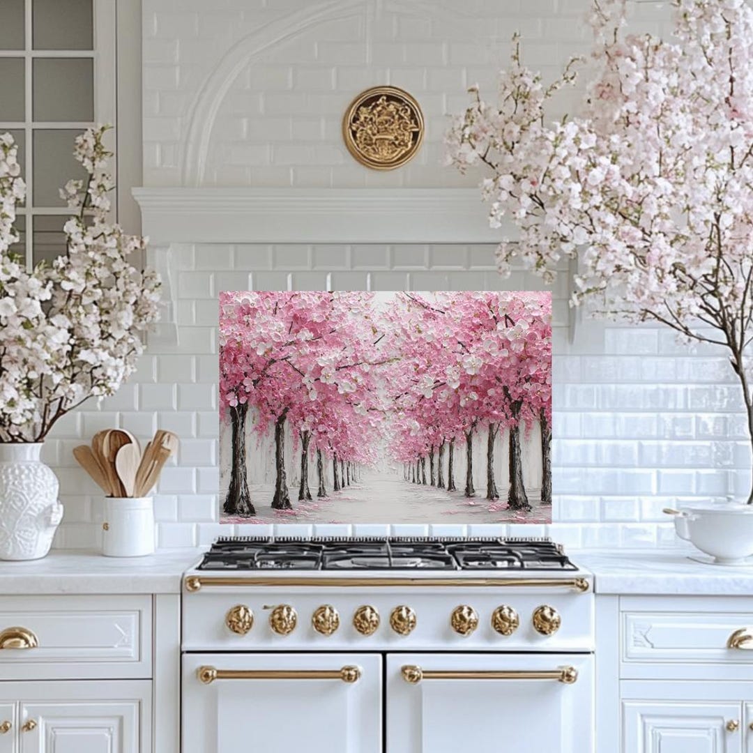 Cherry Blossom Glass Backsplash – Pink Flower Tree Printed Kitchen Wall ...