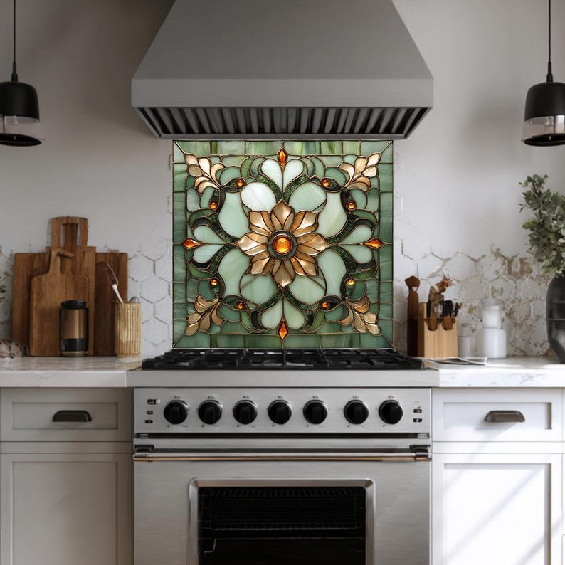 Stained Glass Look Tempered Glass Kitchen Backsplash Panel, Colorful ...