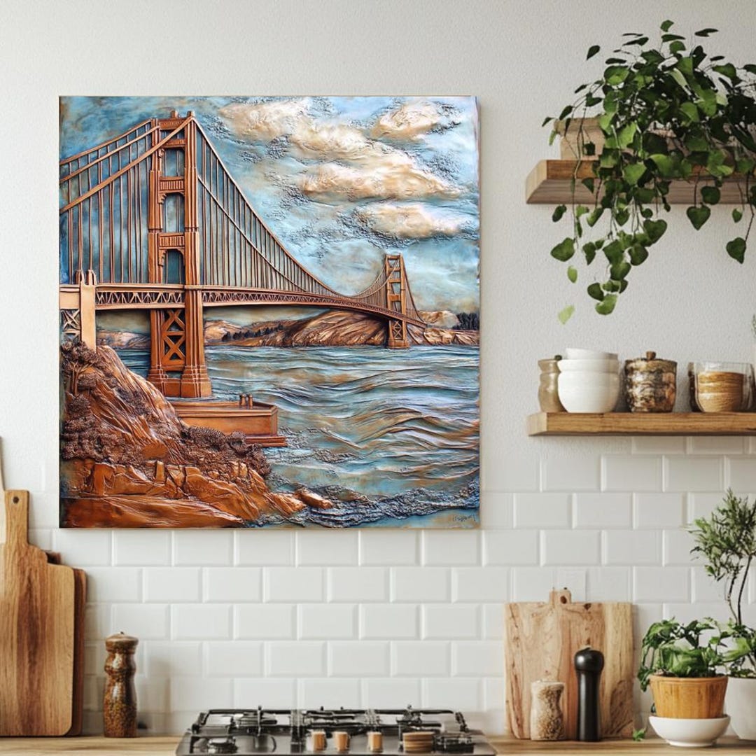 Copper Embossed Landscape Glass Backsplash Panel, Rustic Kitchen Wall ...