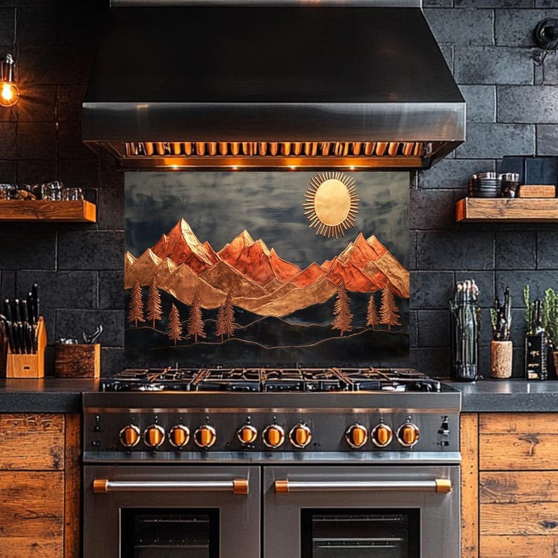 Copper Pine Tree Mountain Glass Backsplash – Rustic Nature Landscape ...