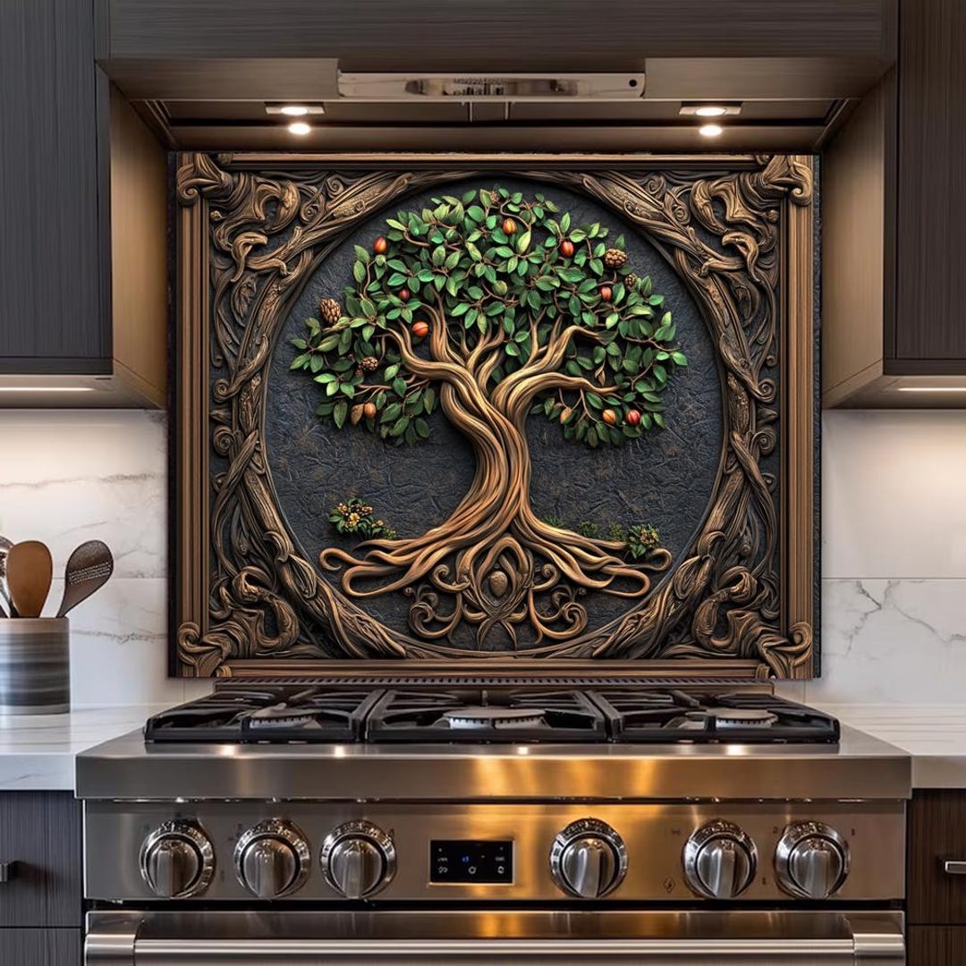 Glass Backsplash- Life Tree One Piece Tempered Glass Kitchen Splashback ...