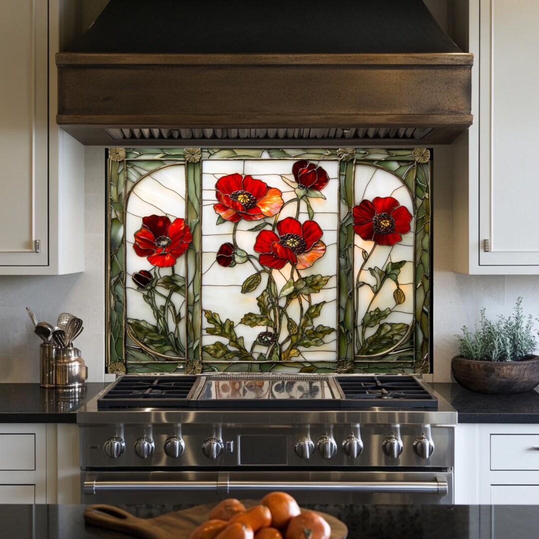 Glass Backsplash, Poppy Flowers Tempered Glass Kitchen Backsplash for ...